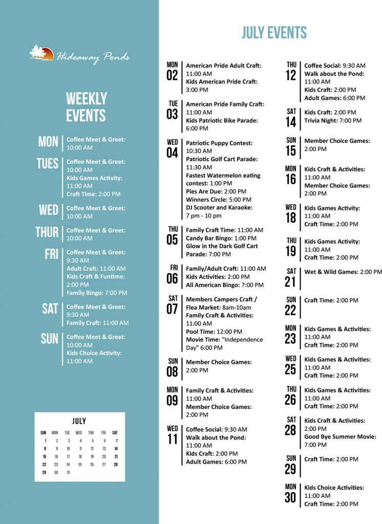 Activities Calendars - Ocean Canyon Resorts