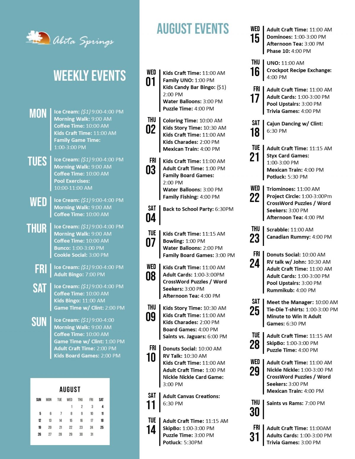 Activities Calendars - Ocean Canyon Resorts